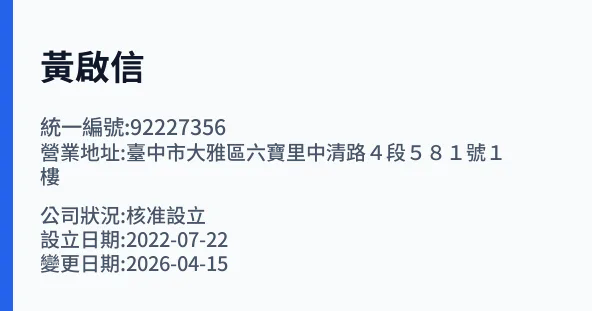 黃啟信的照片-統編 92227356(臺中市) 公司登記資料與營業項目詳細圖表