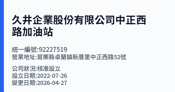 久井企業股份有限公司中正西路加油站的照片-統編 92227519(苗栗縣) 公司登記資料與營業項目詳細圖表