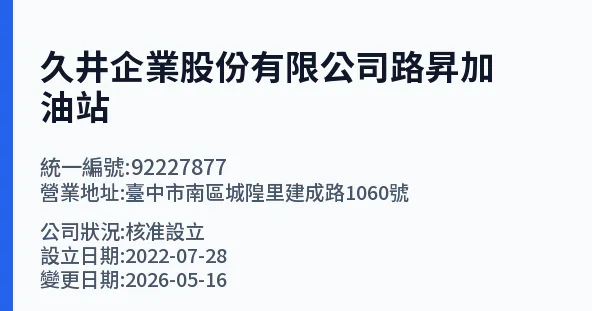 久井企業股份有限公司路昇加油站的照片-統編 92227877(臺中市) 公司登記資料與營業項目詳細圖表