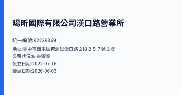 暘昕國際有限公司漢口路營業所的照片-統編 92229869(臺中市) 公司登記資料與營業項目詳細圖表