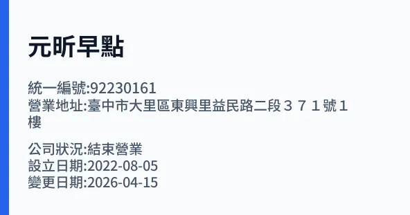 元昕早點的照片-統編 92230161(臺中市) 公司登記資料與營業項目詳細圖表