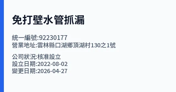 免打壁水管抓漏的照片-統編 92230177(雲林縣) 公司登記資料與營業項目詳細圖表