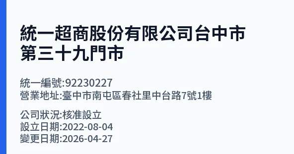 統一超商股份有限公司台中市第三十九門市的照片-統編 92230227(臺中市) 公司登記資料與營業項目詳細圖表