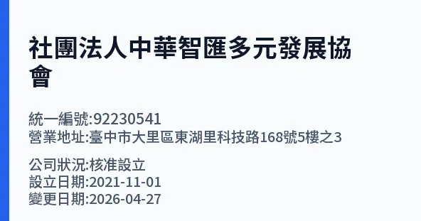 社團法人中華智匯多元發展協會的照片-統編 92230541(臺中市) 公司登記資料與營業項目詳細圖表