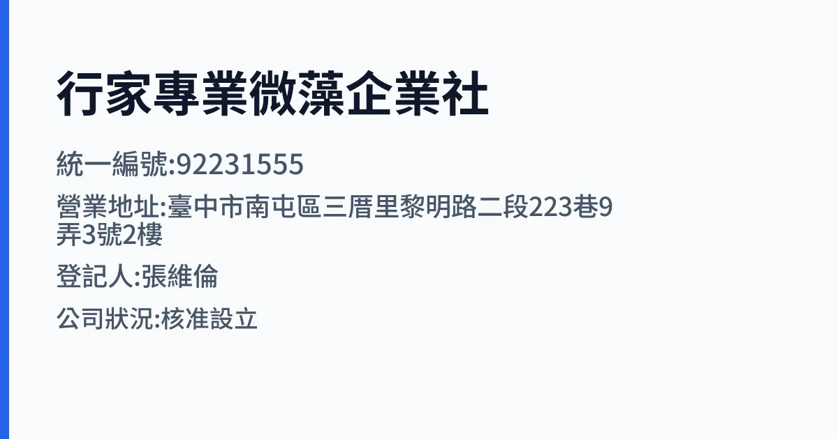 行家專業微藻企業社 - 統編 92231555(臺中市) 公司登記資料與營業項目詳細圖表
