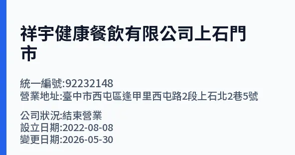 祥宇健康餐飲有限公司上石門市的照片-統編 92232148(臺中市) 公司登記資料與營業項目詳細圖表