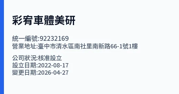 彩宥車體美研的照片-統編 92232169(臺中市) 公司登記資料與營業項目詳細圖表