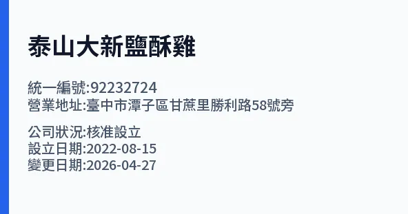 泰山大新鹽酥雞的照片-統編 92232724(臺中市) 公司登記資料與營業項目詳細圖表