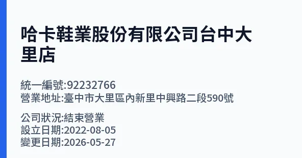 哈卡鞋業股份有限公司台中大里店的照片-統編 92232766(臺中市) 公司登記資料與營業項目詳細圖表