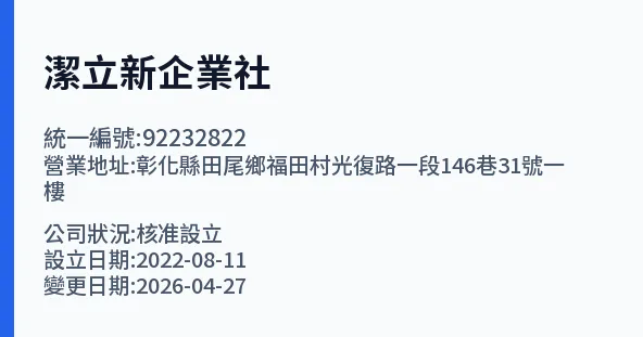 潔立新企業社的照片-統編 92232822(彰化縣) 公司登記資料與營業項目詳細圖表