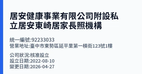 居安健康事業有限公司附設私立居安東崎居家長照機構的照片-統編 92233033(臺中市) 公司登記資料與營業項目詳細圖表