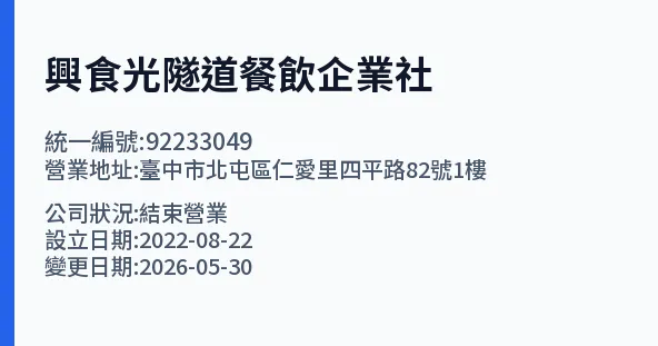 興食光隧道餐飲企業社的照片-統編 92233049(臺中市) 公司登記資料與營業項目詳細圖表