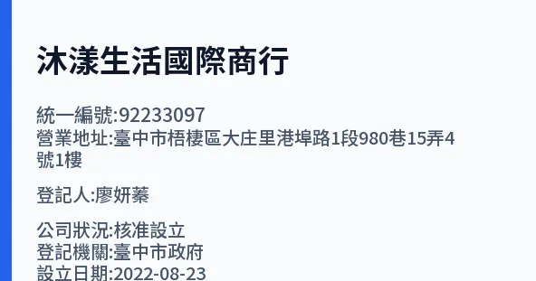 沐漾生活國際商行的照片-統編 92233097(臺中市) 公司登記資料與營業項目詳細圖表