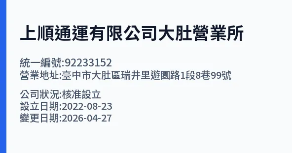 上順通運有限公司大肚營業所的照片-統編 92233152(臺中市) 公司登記資料與營業項目詳細圖表
