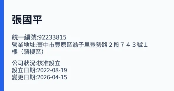 張國平的照片-統編 92233815(臺中市) 公司登記資料與營業項目詳細圖表