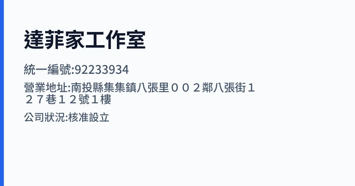 達菲家工作室 - 統編 92233934(南投縣) 公司登記資料與營業項目詳細圖表