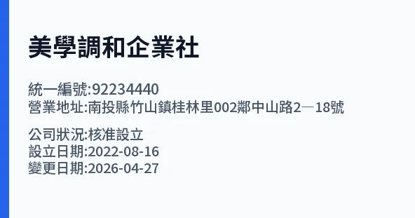美學調和企業社的照片-統編 92234440(南投縣) 公司登記資料與營業項目詳細圖表