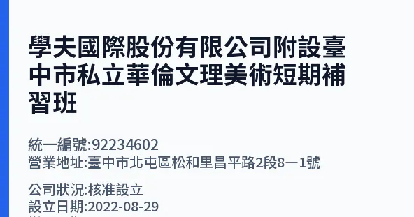 學夫國際股份有限公司附設臺中市私立華倫文理美術短期補習班的照片-統編 92234602(臺中市) 公司登記資料與營業項目詳細圖表