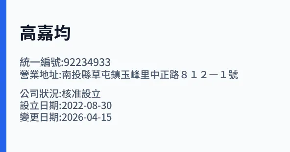 高嘉均的照片-統編 92234933(南投縣) 公司登記資料與營業項目詳細圖表