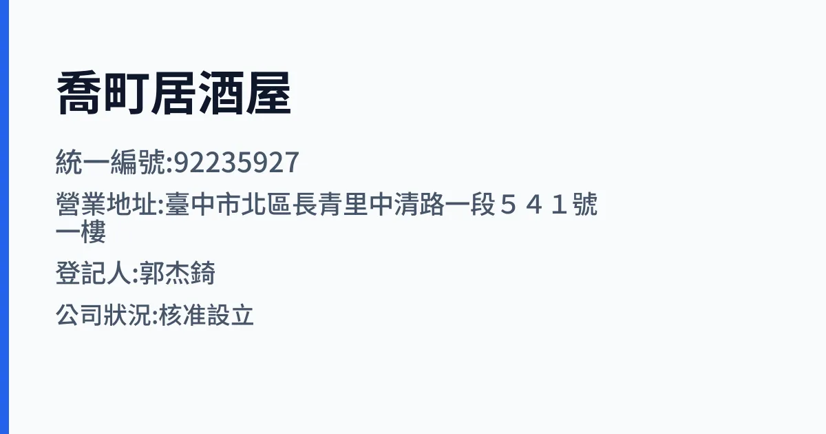 喬町居酒屋 - 統編 92235927(臺中市) 公司登記資料與營業項目詳細圖表