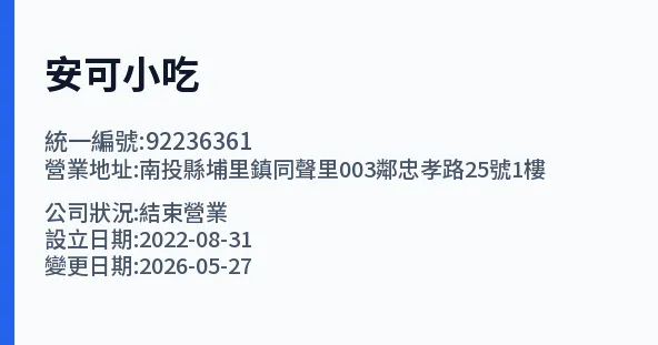 安可小吃的照片-統編 92236361(南投縣) 公司登記資料與營業項目詳細圖表