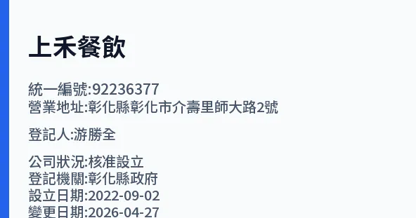 上禾餐飲的照片-統編 92236377(彰化縣) 公司登記資料與營業項目詳細圖表