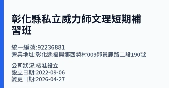 彰化縣私立威力師文理短期補習班的照片-統編 92236881(彰化縣) 公司登記資料與營業項目詳細圖表