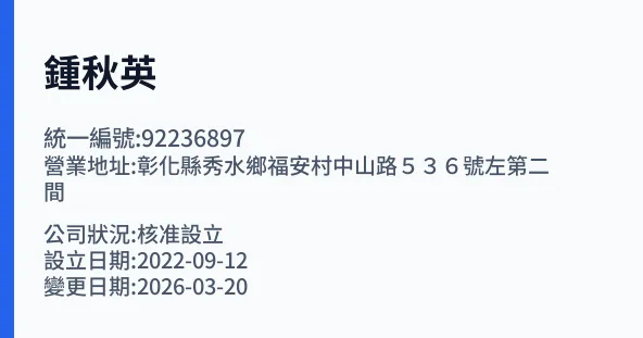 鍾秋英的照片-統編 92236897(彰化縣) 公司登記資料與營業項目詳細圖表