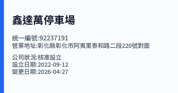 鑫達萬停車場的照片-統編 92237191(彰化縣) 公司登記資料與營業項目詳細圖表