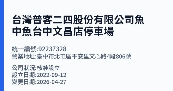 台灣普客二四股份有限公司魚中魚台中文昌店停車場的照片-統編 92237328(臺中市) 公司登記資料與營業項目詳細圖表
