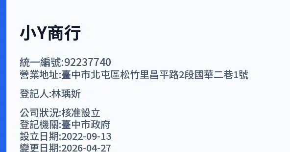 小Y商行的照片-統編 92237740(臺中市) 公司登記資料與營業項目詳細圖表