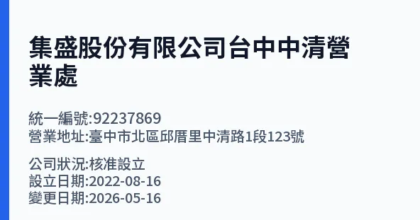 集盛股份有限公司台中中清營業處的照片-統編 92237869(臺中市) 公司登記資料與營業項目詳細圖表