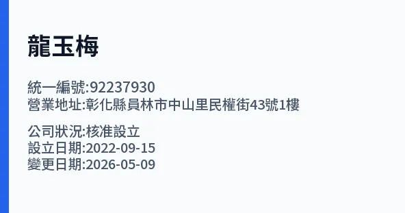 龍玉梅的照片-統編 92237930(彰化縣) 公司登記資料與營業項目詳細圖表
