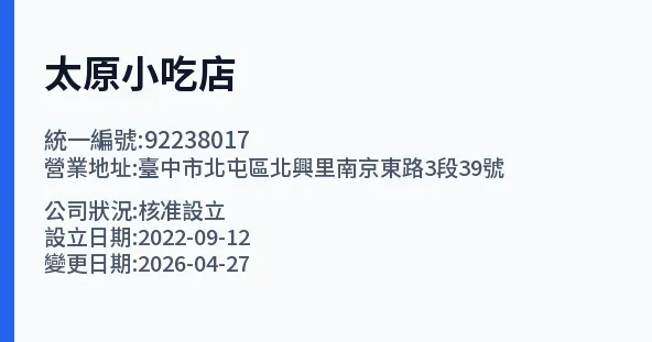 太原小吃店的照片-統編 92238017(臺中市) 公司登記資料與營業項目詳細圖表