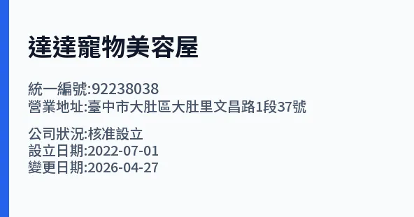達達寵物美容屋的照片-統編 92238038(臺中市) 公司登記資料與營業項目詳細圖表