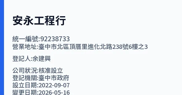 安永工程行的照片-統編 92238733(臺中市) 公司登記資料與營業項目詳細圖表