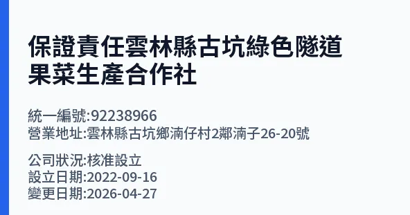 保證責任雲林縣古坑綠色隧道果菜生產合作社的照片-統編 92238966(雲林縣) 公司登記資料與營業項目詳細圖表