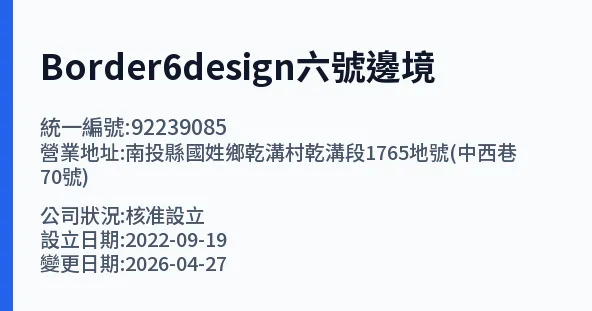 Border6design六號邊境的照片-統編 92239085(南投縣) 公司登記資料與營業項目詳細圖表