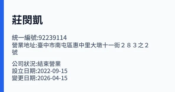 莊閔凱的照片-統編 92239114(臺中市) 公司登記資料與營業項目詳細圖表