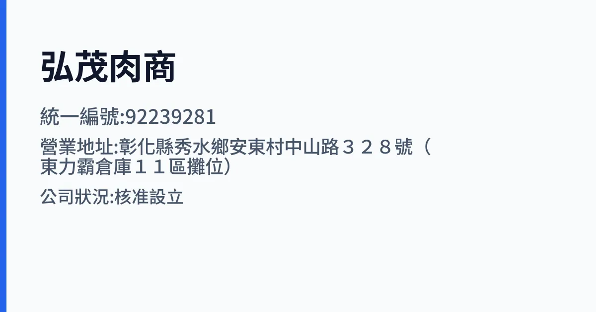 弘茂肉商 - 統編 92239281(彰化縣) 公司登記資料與營業項目詳細圖表