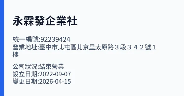 永霖發企業社的照片-統編 92239424(臺中市) 公司登記資料與營業項目詳細圖表