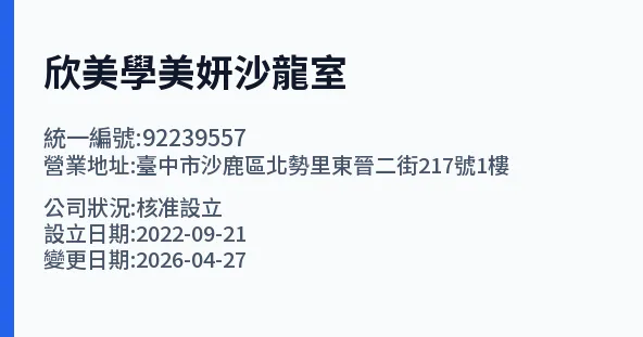 欣美學美妍沙龍室的照片-統編 92239557(臺中市) 公司登記資料與營業項目詳細圖表