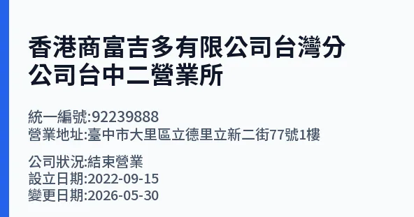 香港商富吉多有限公司台灣分公司台中二營業所的照片-統編 92239888(臺中市) 公司登記資料與營業項目詳細圖表