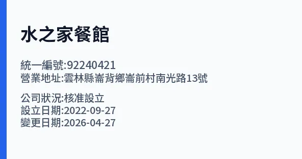 水之家餐館的照片-統編 92240421(雲林縣) 公司登記資料與營業項目詳細圖表
