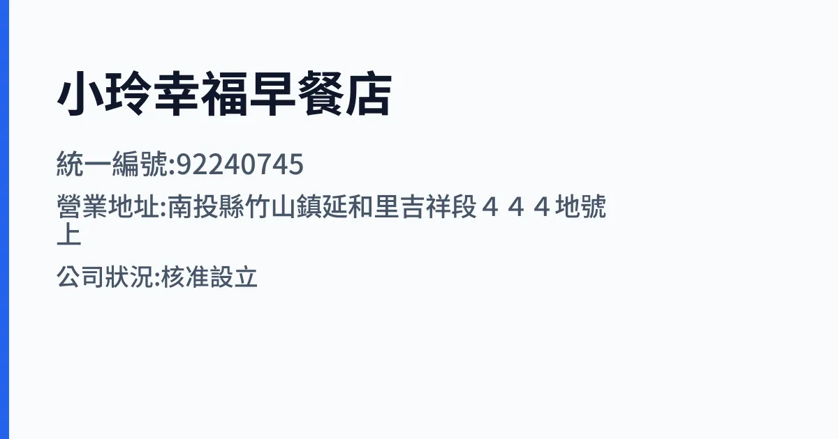 小玲幸福早餐店 - 統編 92240745(南投縣) 公司登記資料與營業項目詳細圖表