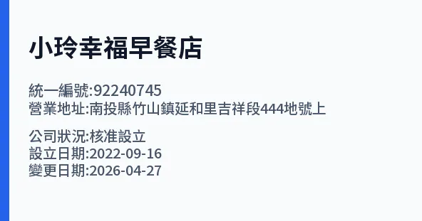 小玲幸福早餐店的照片-統編 92240745(南投縣) 公司登記資料與營業項目詳細圖表