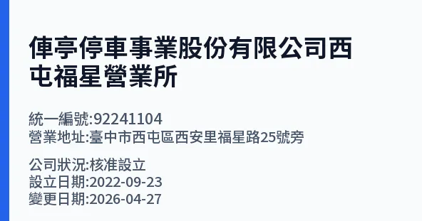 俥亭停車事業股份有限公司西屯福星營業所的照片-統編 92241104(臺中市) 公司登記資料與營業項目詳細圖表