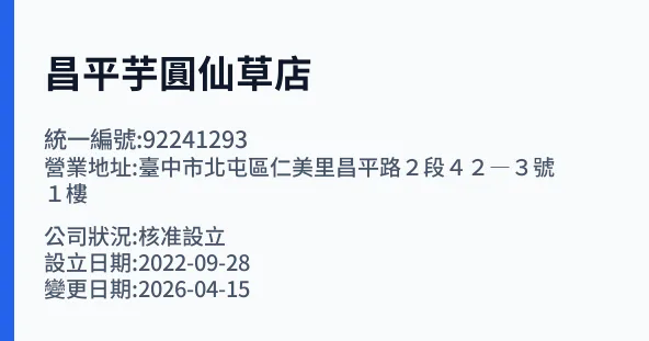 昌平芋圓仙草店的照片-統編 92241293(臺中市) 公司登記資料與營業項目詳細圖表