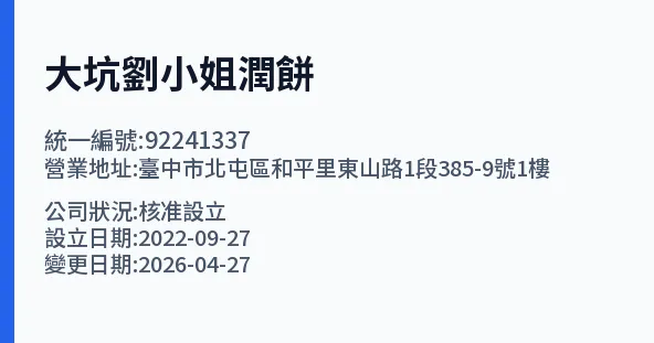 大坑劉小姐潤餅的照片-統編 92241337(臺中市) 公司登記資料與營業項目詳細圖表