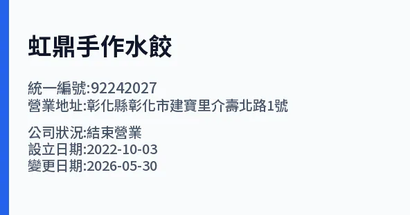 虹鼎手作水餃的照片-統編 92242027(彰化縣) 公司登記資料與營業項目詳細圖表